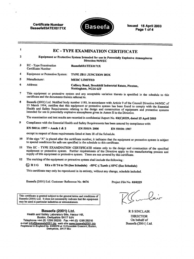 Baseefa 03 ATEX 0171 X | PDF