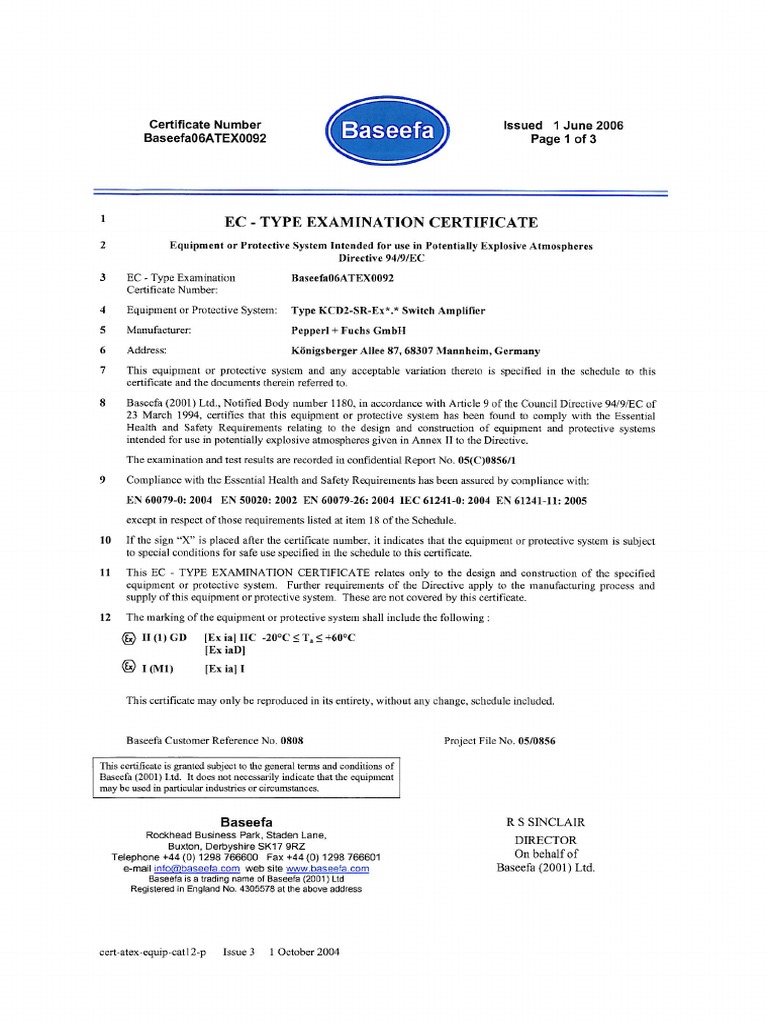 Baseefa 06 ATEX 0092 | PDF