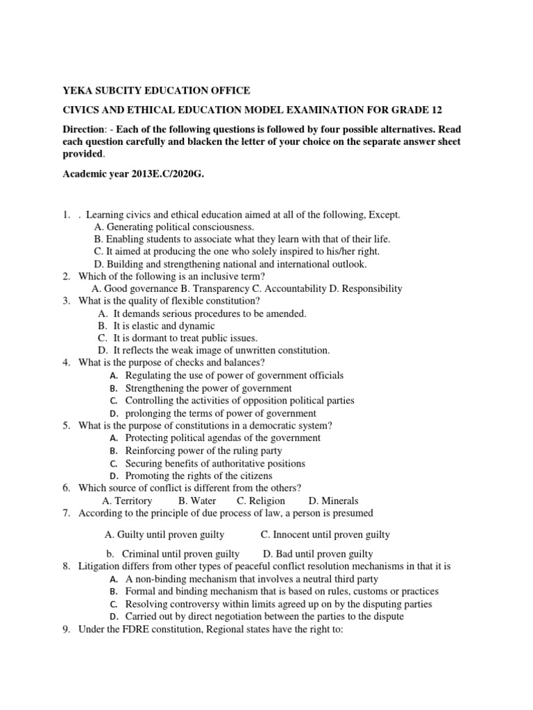 Grade 12 Civics 3rd Round Model Exam | PDF | Ethiopia | Democracy