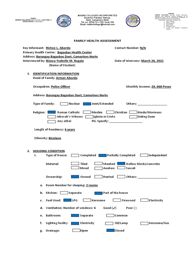 Family Health Assessment: 1. Identification Information | PDF ...