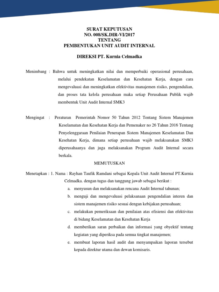 SK Tim Audit Internal Fix - Contoh | PDF