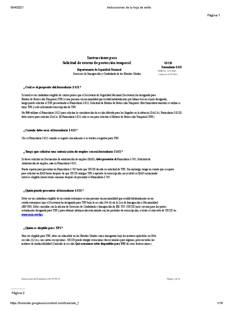 Instrucciones Formulario I-821 TPS | PDF | Pasaporte | Traducciones