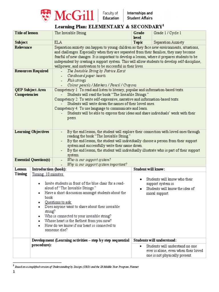 Invisible String Lesson Plan for Kids | PDF | Education Theory | Learning