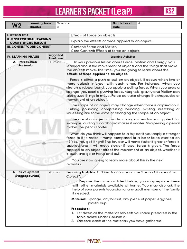 Science 4 3: Effects of Force Applied To An Object | PDF | Force | Shape