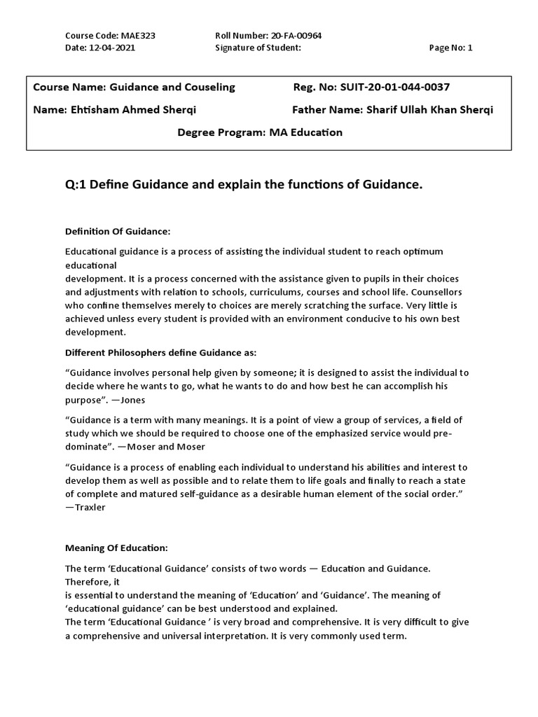 Q:1 Define Guidance and Explain The Functions of Guidance | PDF ...