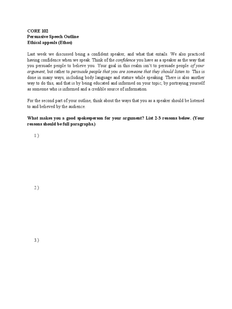 CORE 102 ETHOS Persuasive Speech Outline | PDF