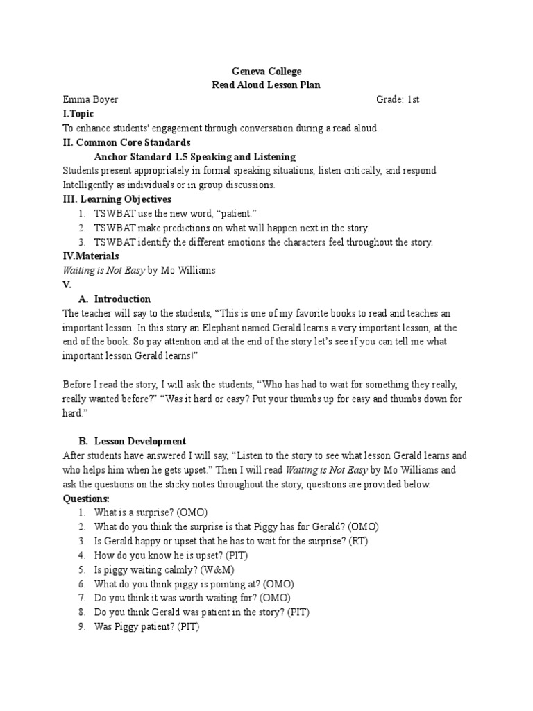 Read Aloud Lesson Plan 5 | PDF | Patience | Lesson Plan