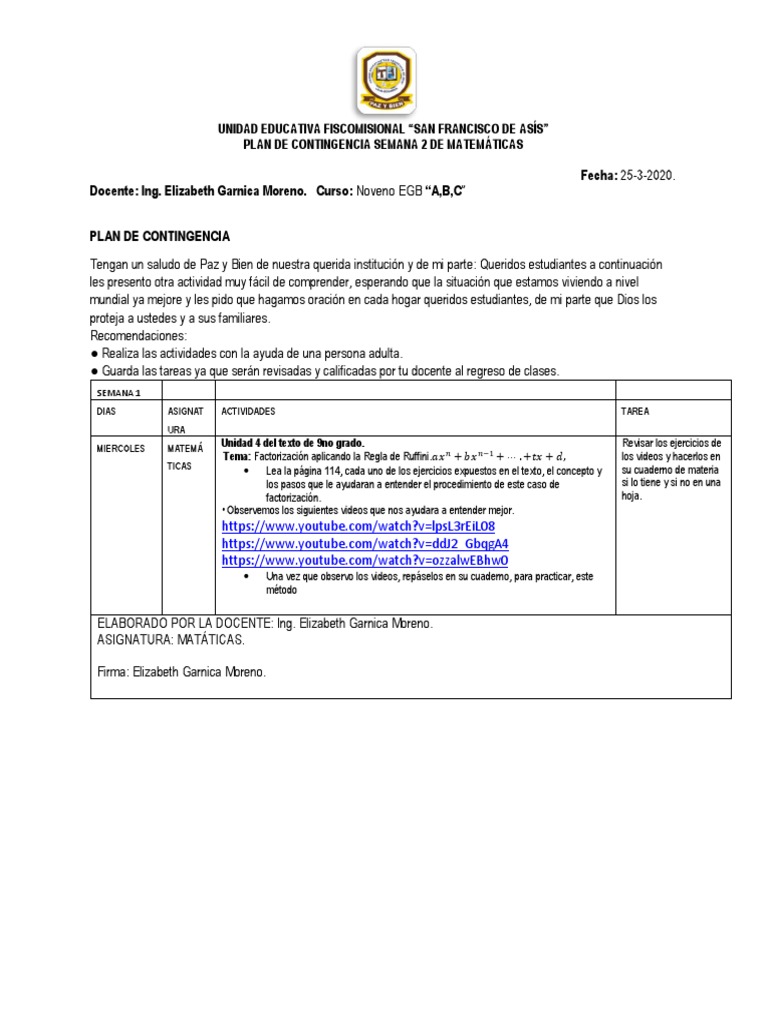 Plan de Contingencia 9no A S2 Tarea 4 | PDF