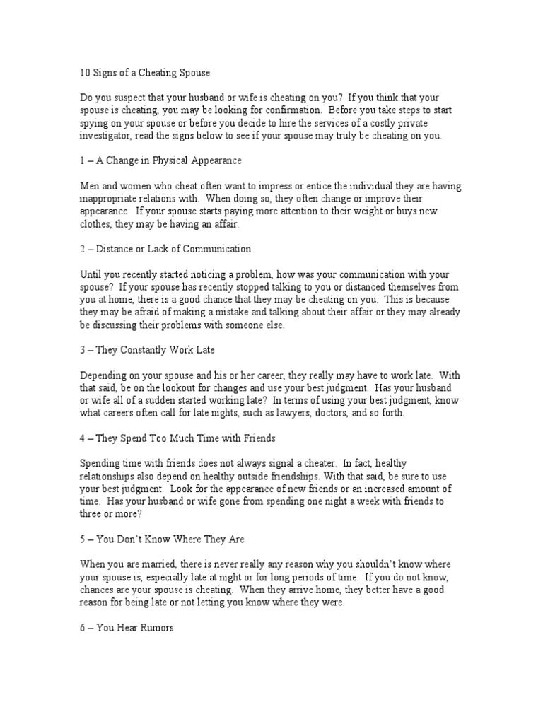 10 Signs of A Cheating Spouse | PDF | Infidelity | Human Nature