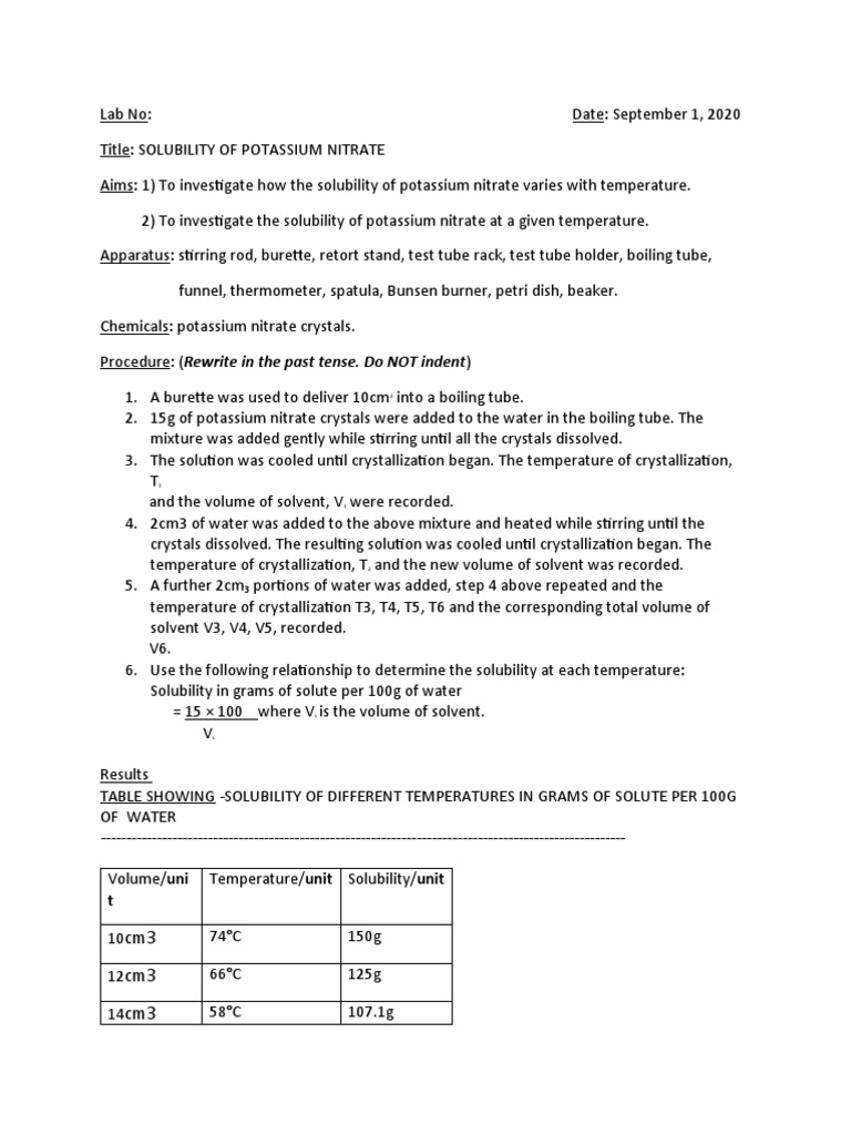 Solubility of Potassium Nitrate Lab | PDF | Solubility | Solution