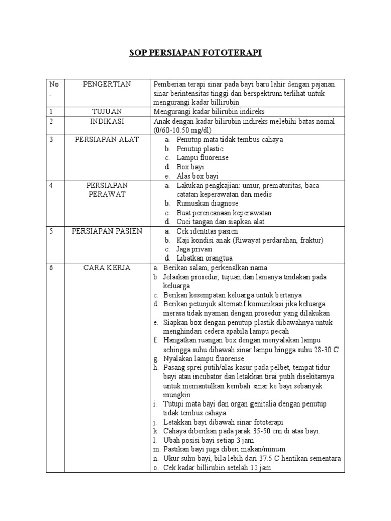 Sop Persiapan Fototerapi | PDF
