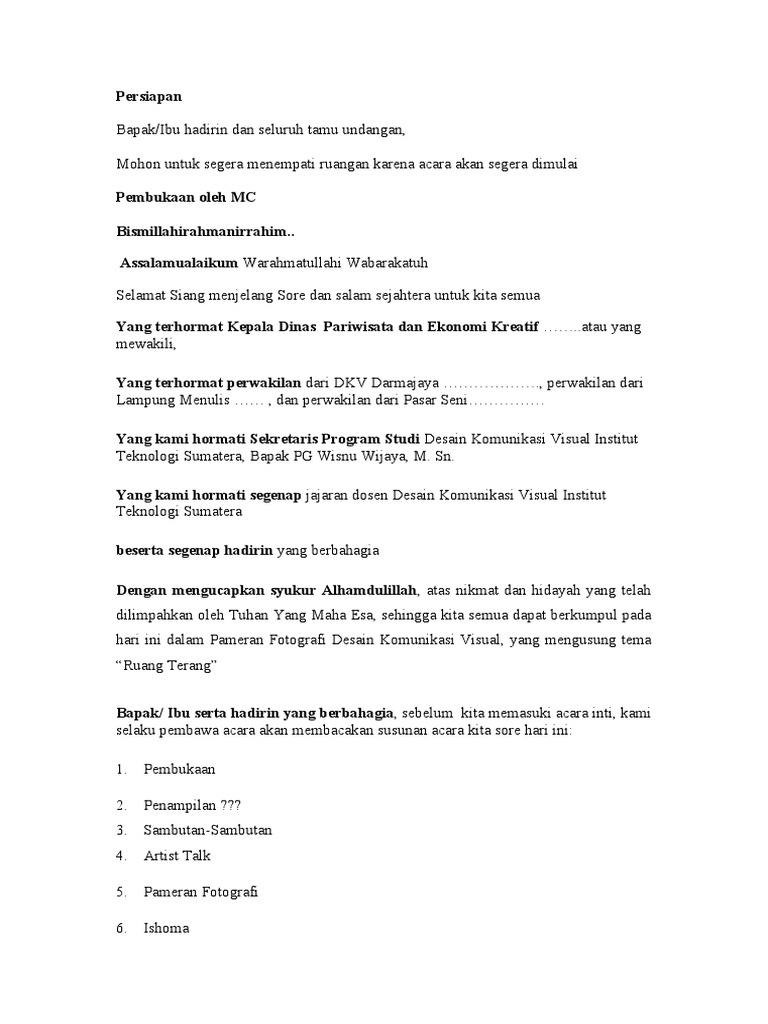 Script MC | PDF | Kajian Bahasa Asing | Griya & Taman