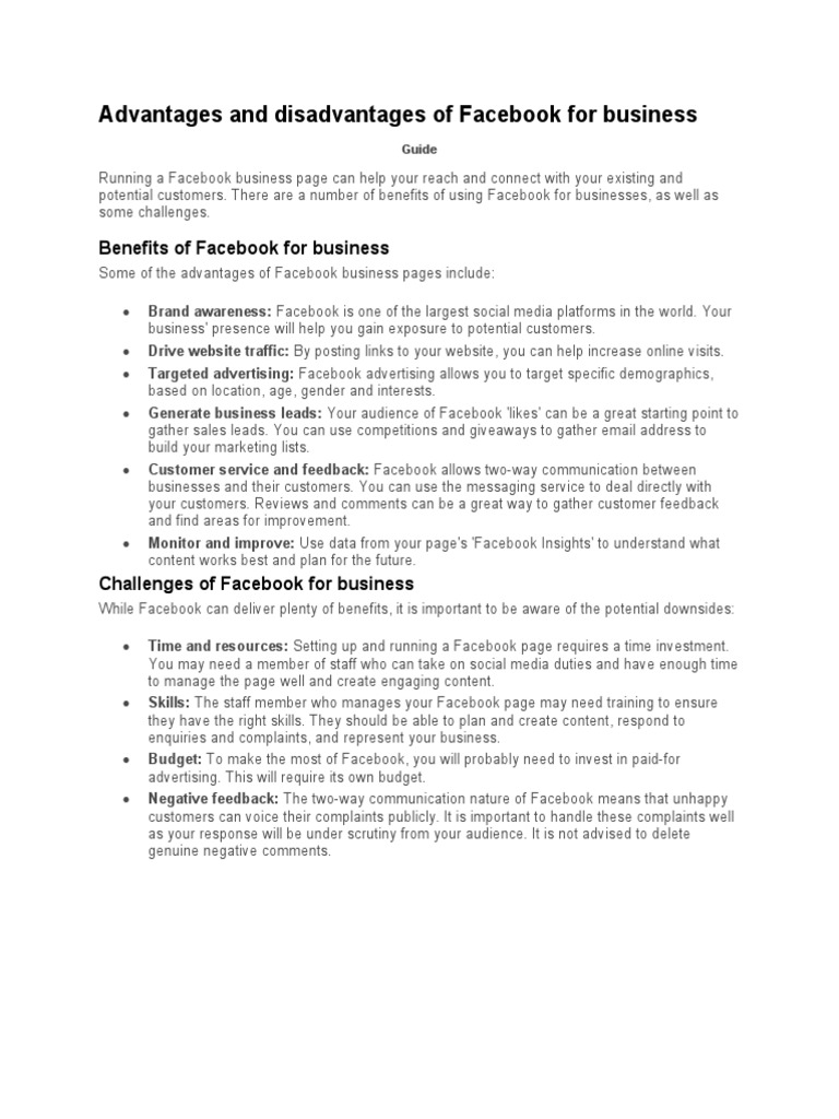 Advantages and Disadvantages of Facebook For Business | PDF | Facebook ...