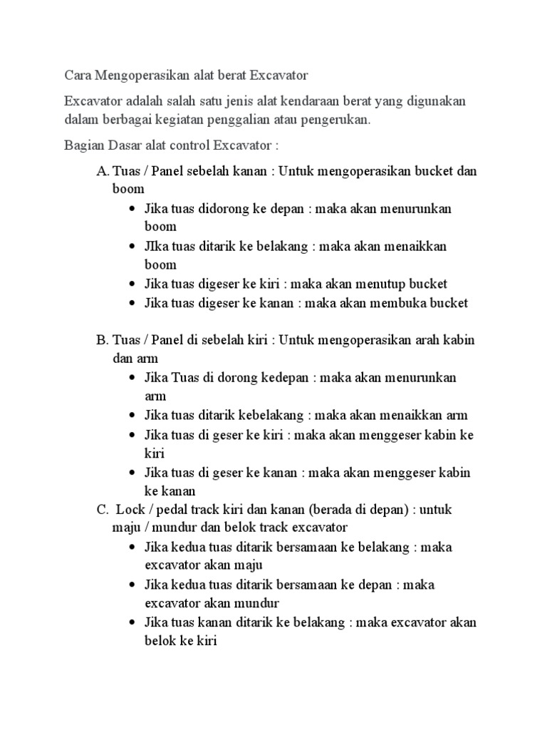 Cara Mengoperasikan Alat Berat Excavator Tugas B. Ing | PDF