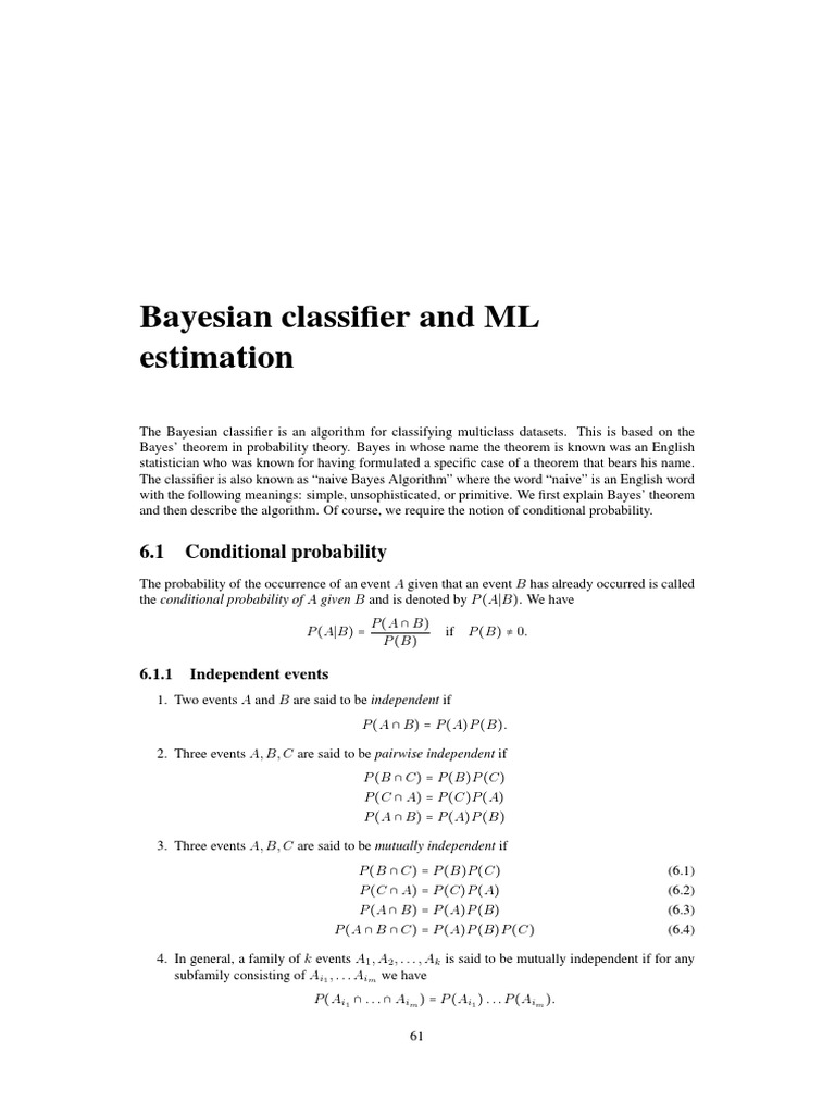 Bayesian Classifier and ML Estimation: 6.1 Conditional Probability ...