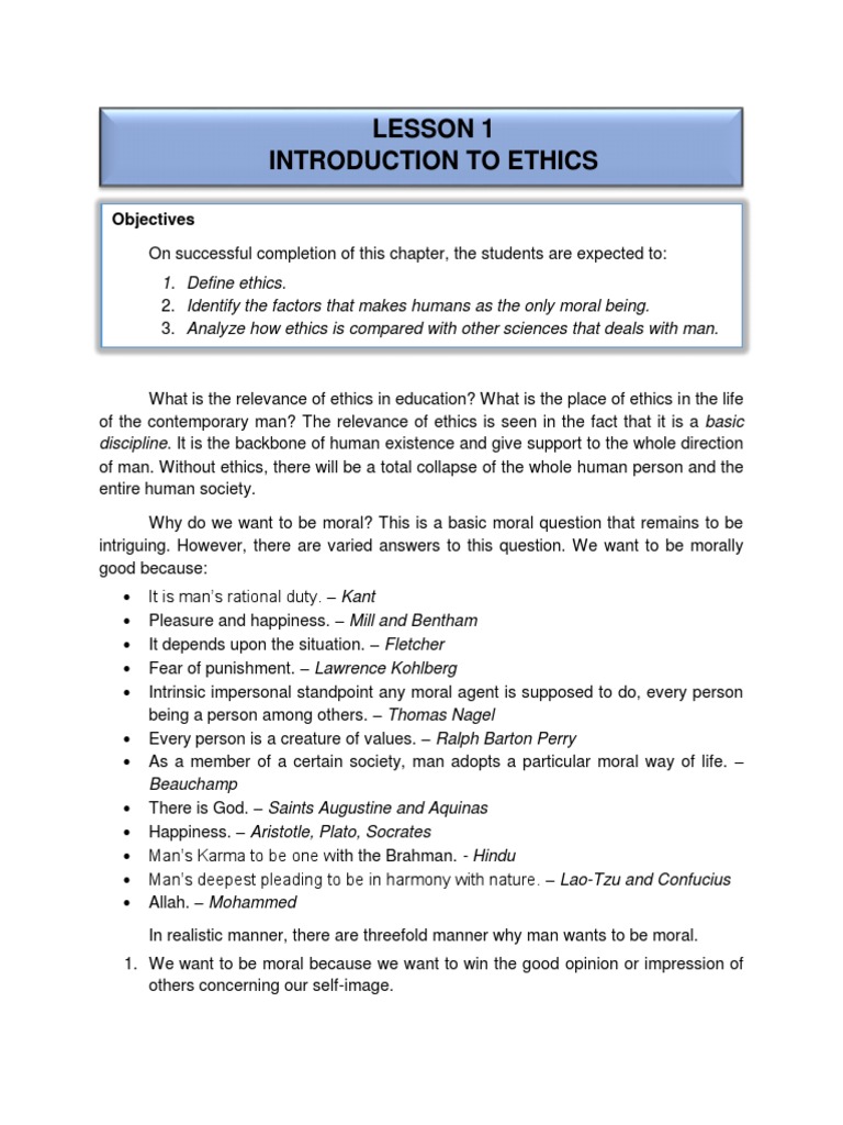 Our Lesson 1 On Introduction To Ethics | PDF | Morality | Reason