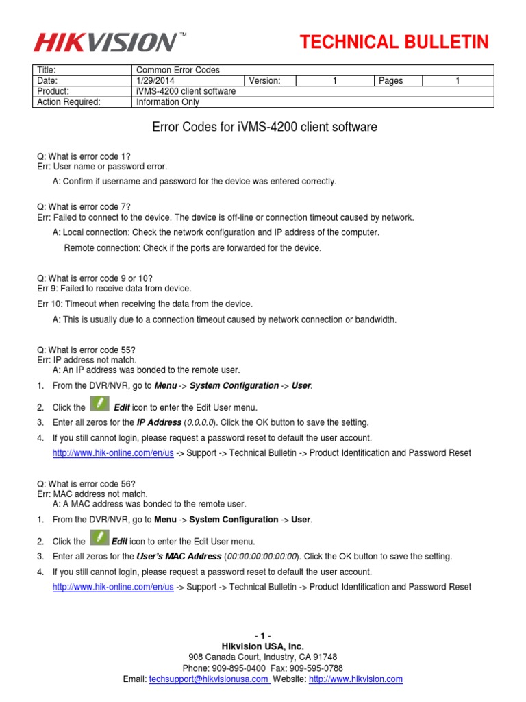 Technical Bulletin: Error Codes For iVMS-4200 Client Software | PDF ...