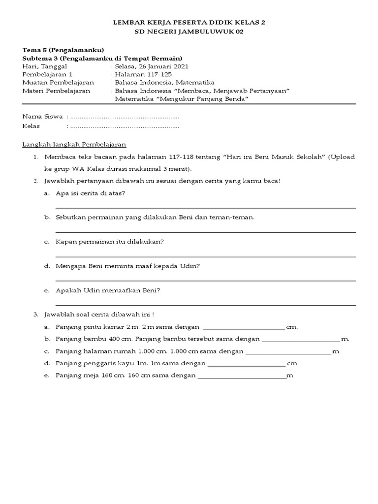 LKPD Tema 5 Subema 3 Kls 2 | PDF | Karier & Perkembangan | Griya & Taman