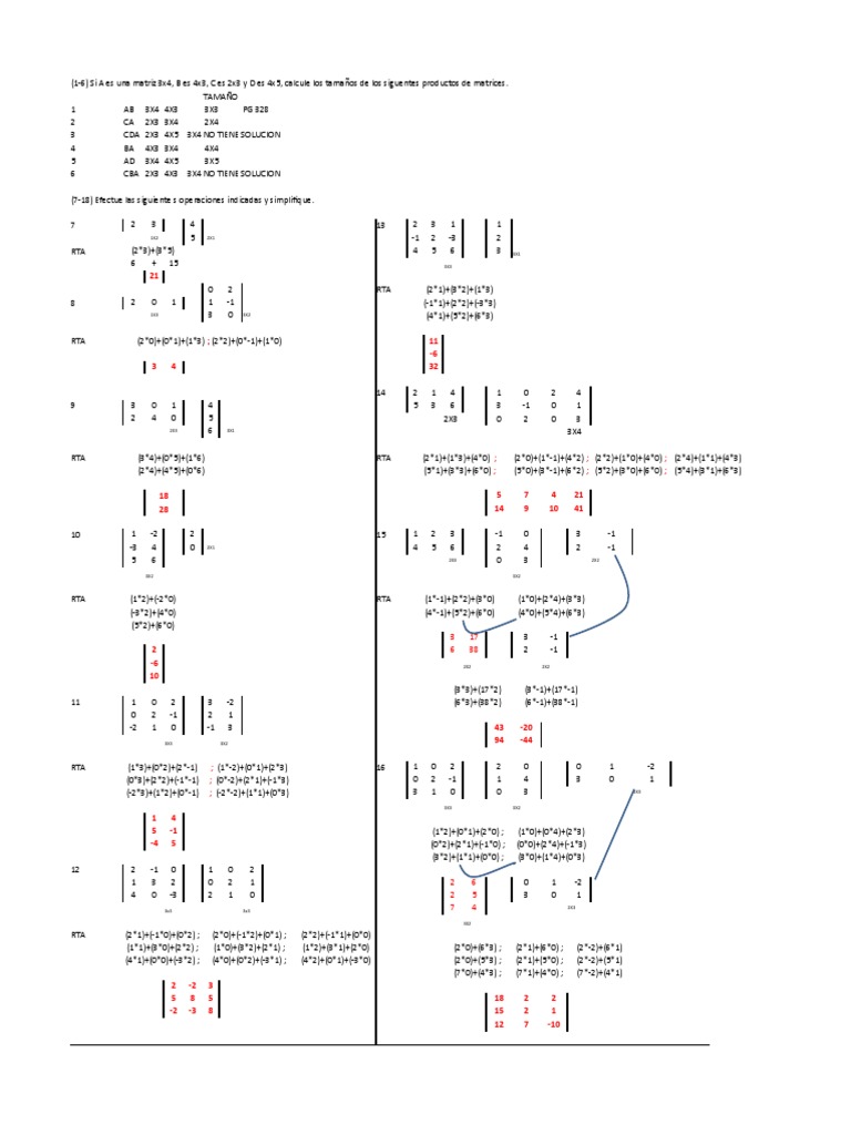 Tamaños y Operaciones de Matrices | PDF | Teoría de la matriz | Álgebra ...