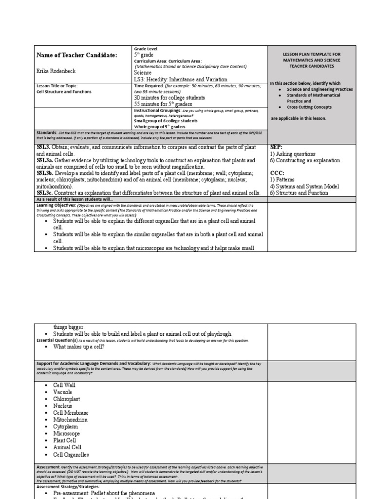 Science Cells - Lesson Plan | PDF | Educational Assessment | Learning