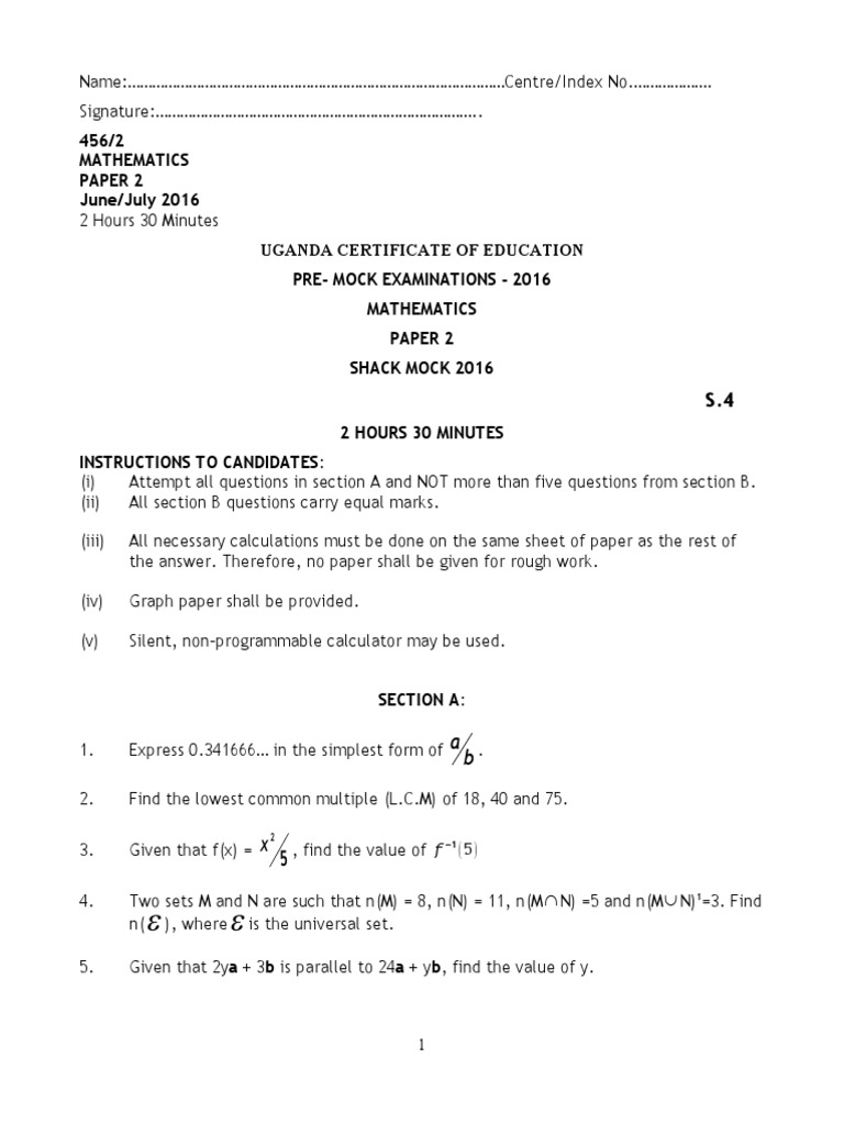 456/2 Mathematics Paper 2 June/July 2016 Uganda Certificate of ...