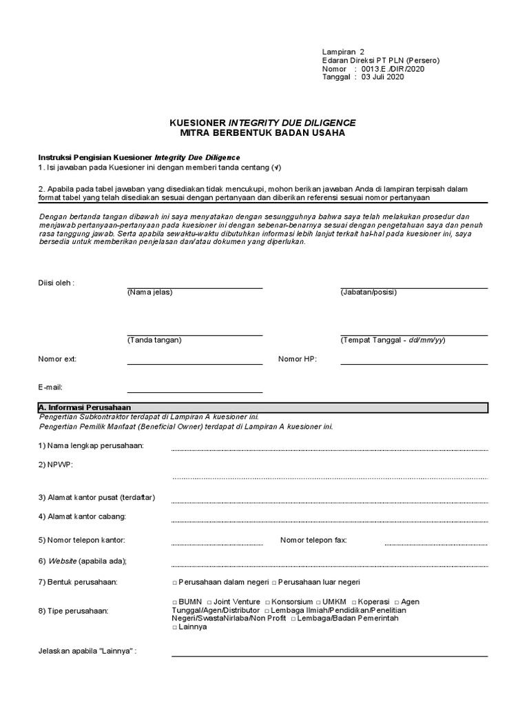 Form Kuesioner IDD Mitra Badan Usaha - Rev. 21 Sept 2020 | PDF