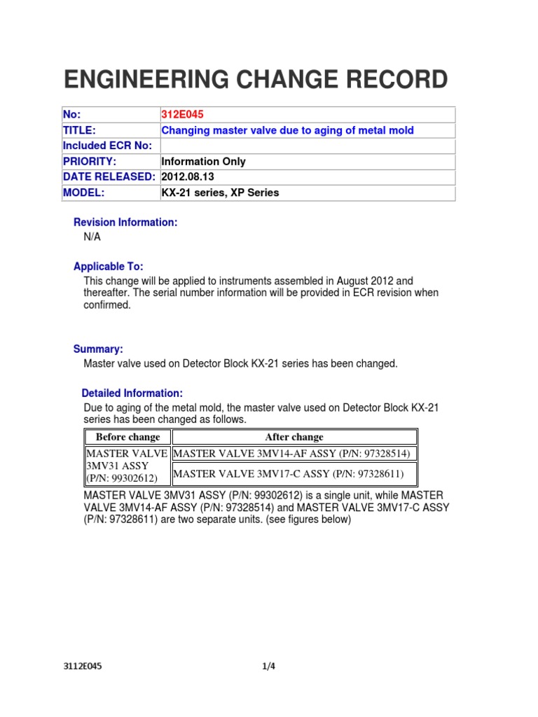 Engineering Change Record: No: Title: Included ECR No: Priority: Date ...