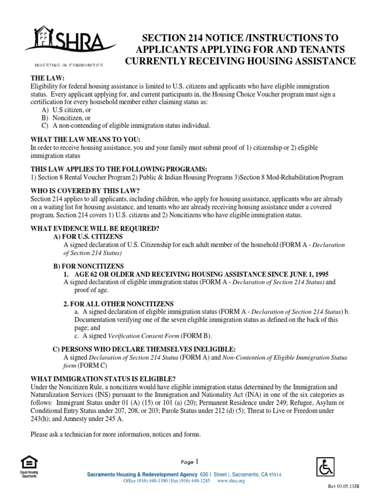Section 214 Notice /instructions To Applicants Applying For and Tenants ...