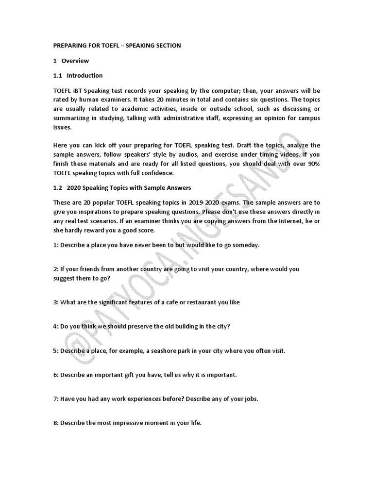TOEFL Speaking Test Preparation Guide | PDF | Test Of English As A ...