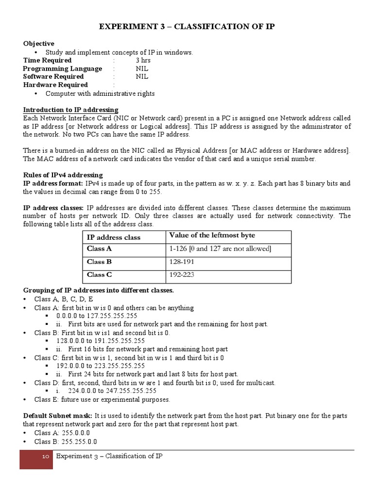 Experiment 3 - Classification of IP | PDF | Network Interface ...