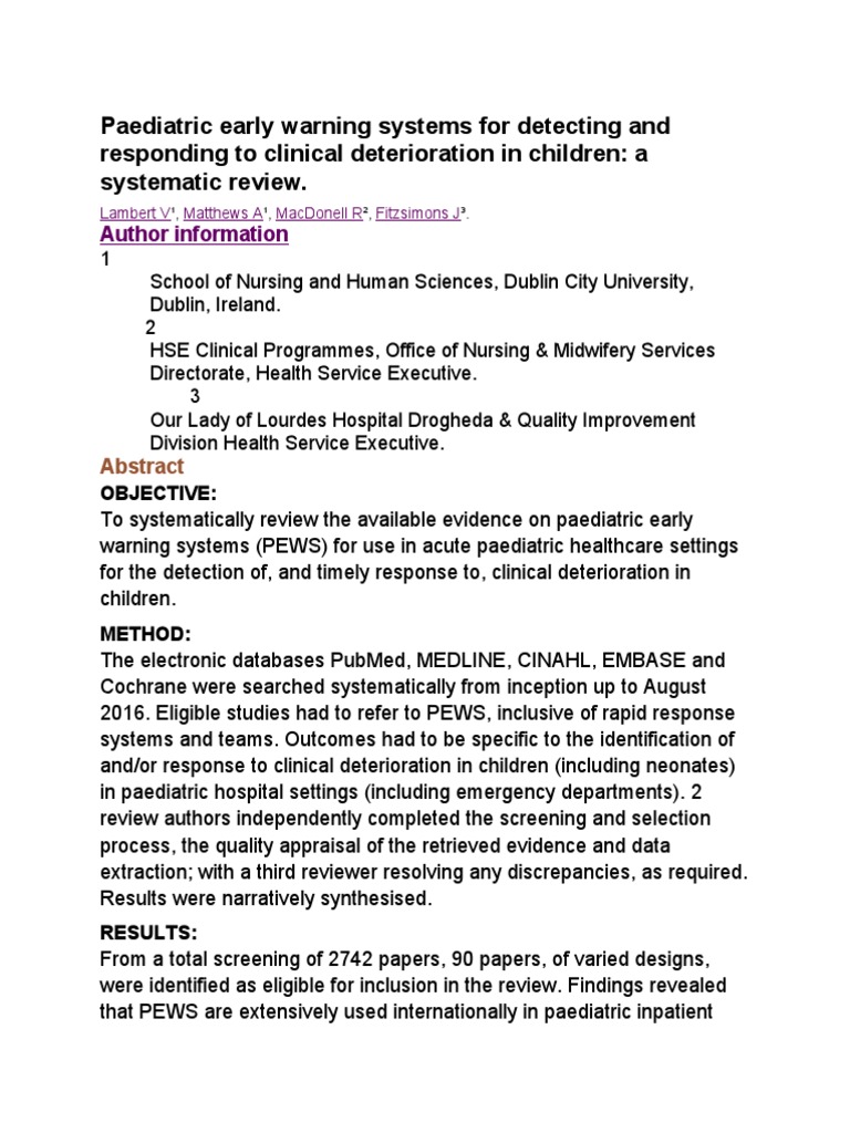 Paediatric Early Warning Systems For Detecting and Responding To ...