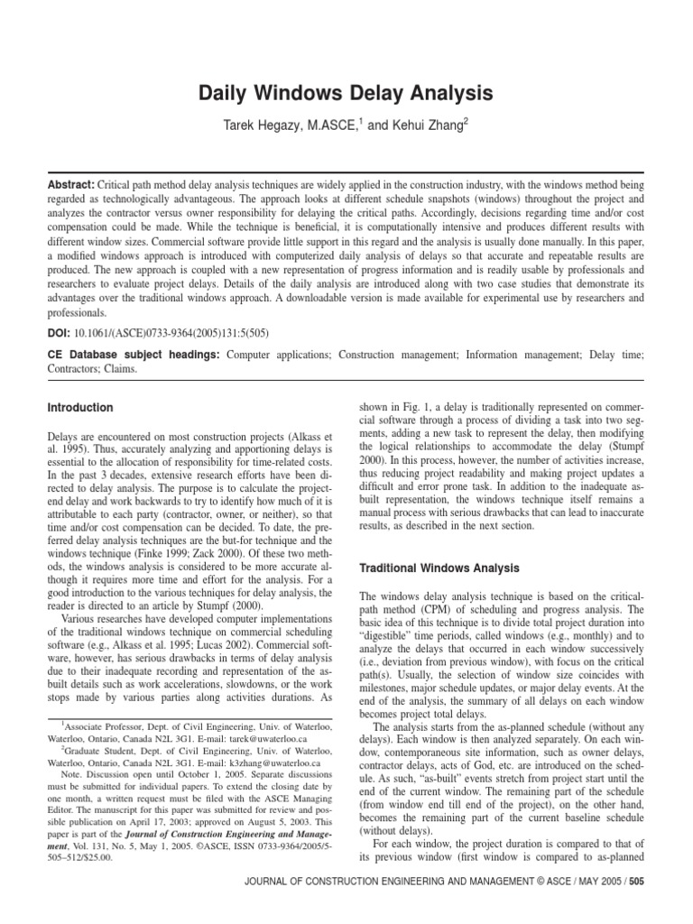 Daily Windows Delay Analysis: Tarek Hegazy, M.ASCE, and Kehui Zhang | PDF | Spreadsheet | Software