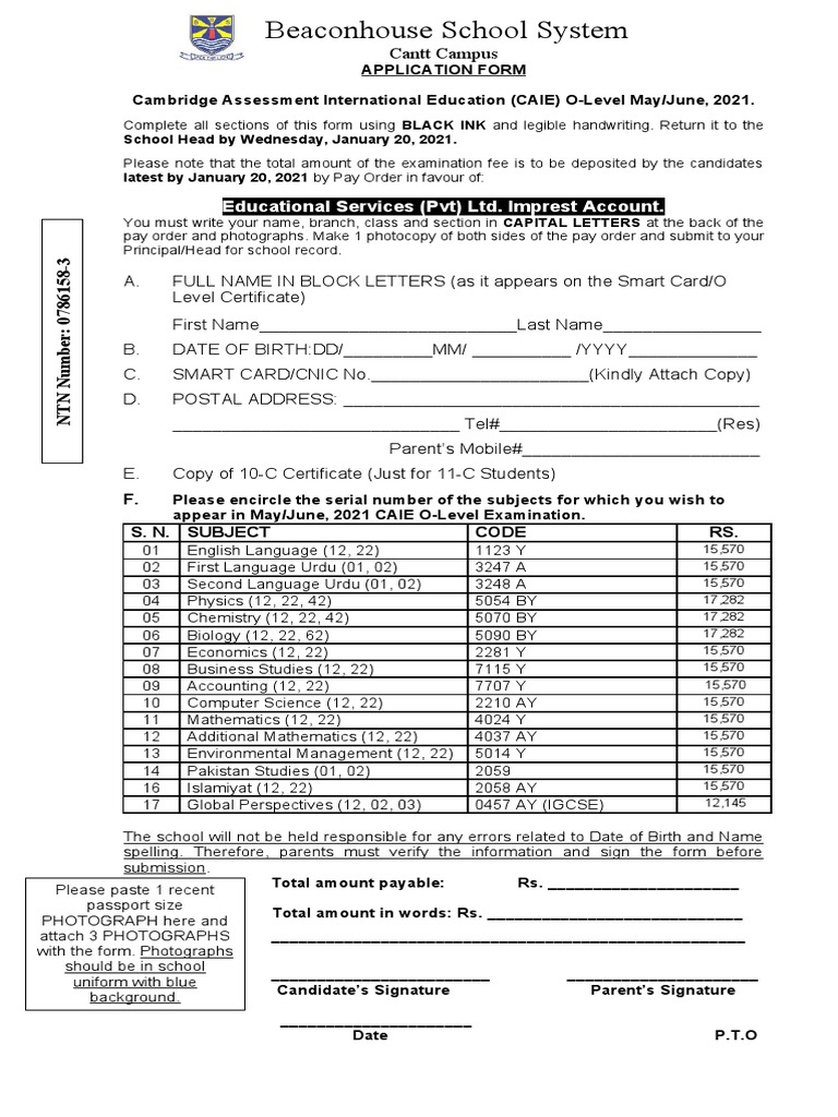 O-Level Registration Application 2021 | PDF | Test/Examination | Business