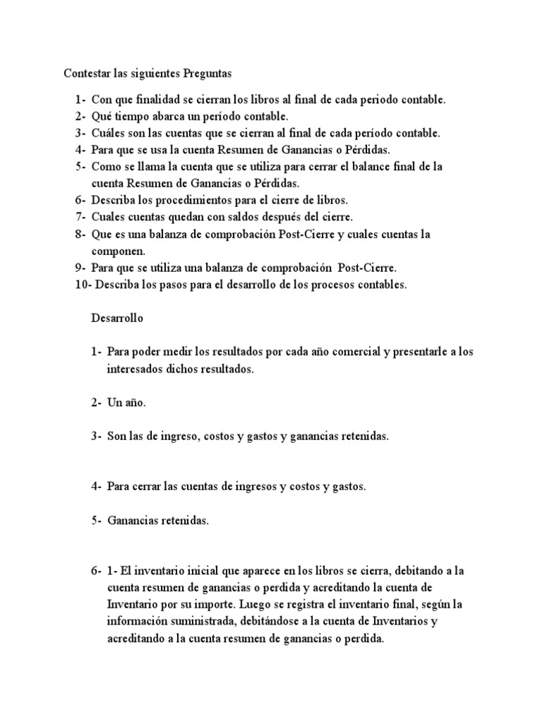 Cuestionario Cierre de Libros | PDF | Dividendo | Contabilidad