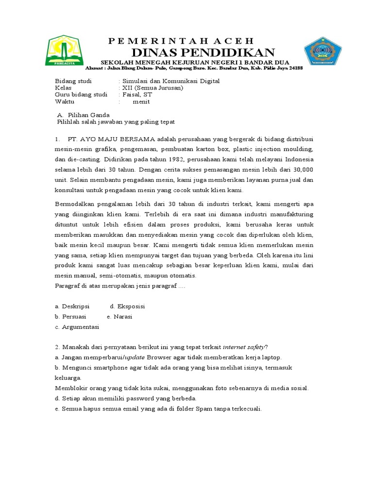 Soal Usbn Simdig 2021 | PDF