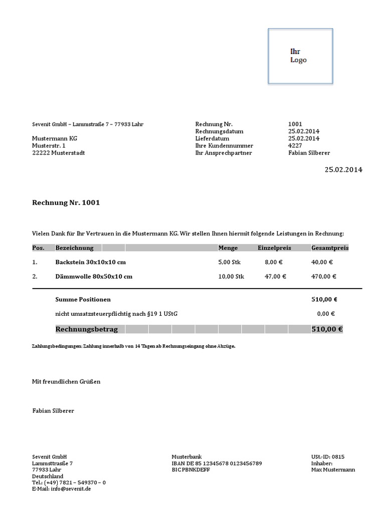 Kleinunternehmer Rechnungsvorlage Muster | PDF