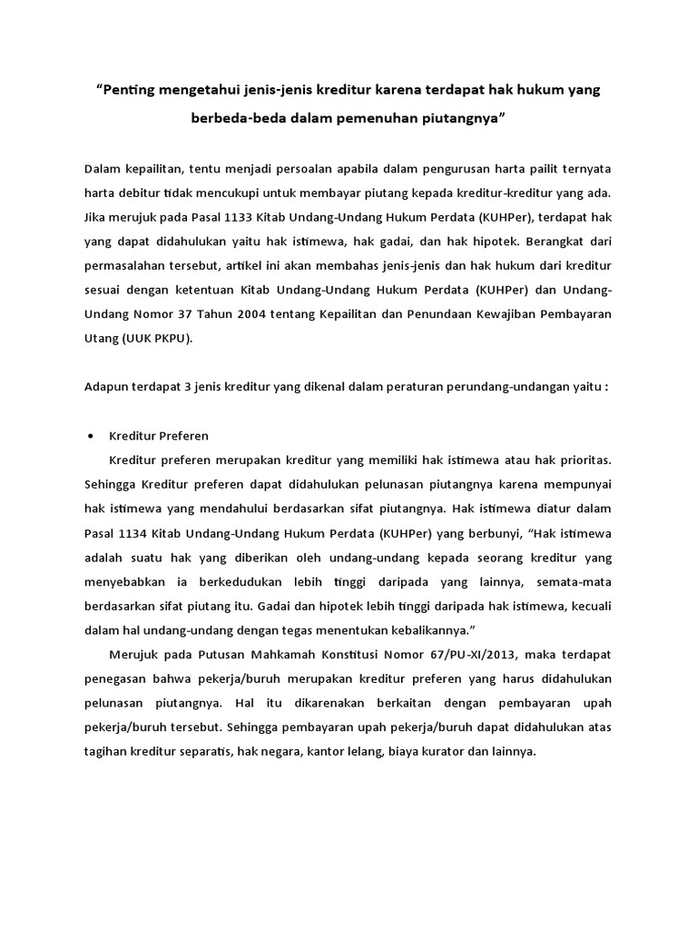Jenis-Jenis Kreditur dalam Kepailitan | PDF