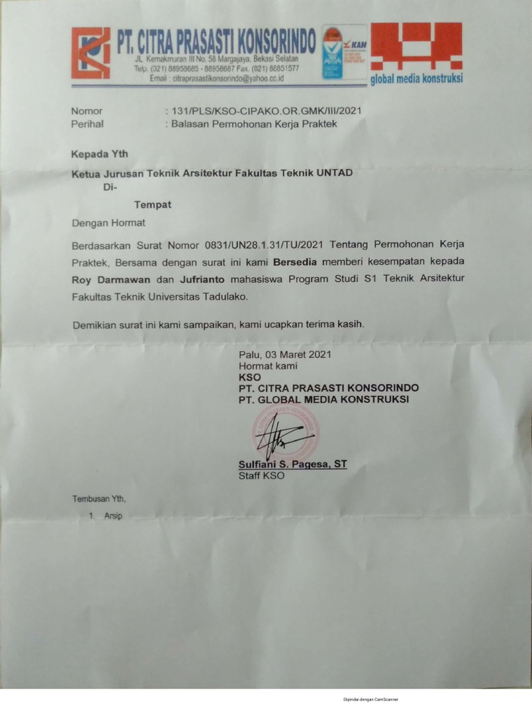 Surat Balasan Kkp. PT - Citra Prasasti Konsorindo | PDF