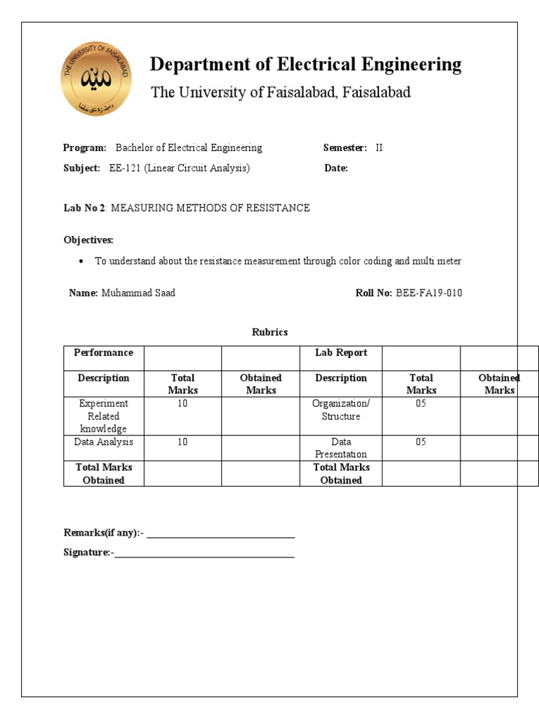 Measuring Methods of Resistance Lab Report | PDF | Resistor | Series ...