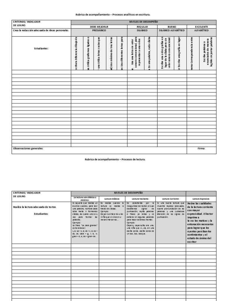 Rubricas de Lectura y Escritura. | PDF | Sílaba | Escritura