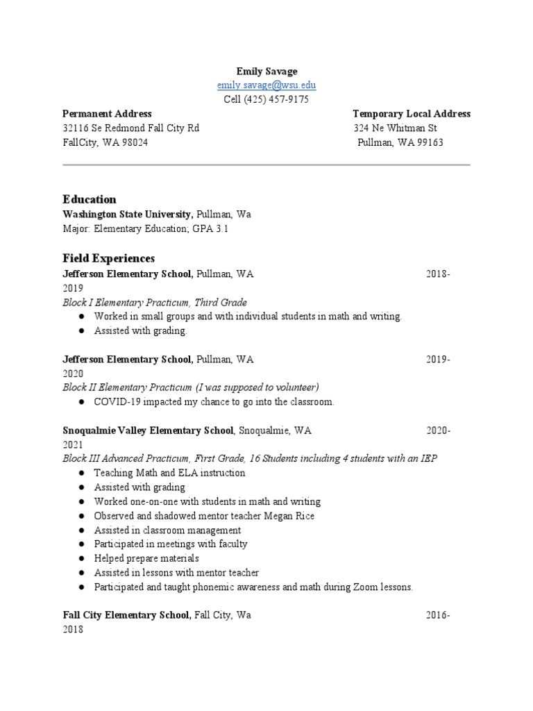 Practicum Resume-Emily Savage | PDF | Classroom | Educational Psychology