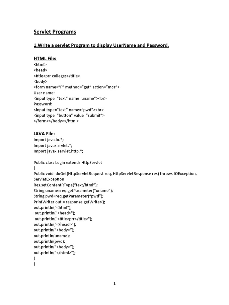 Servlet Programs: 1.write A Servlet Program To Display Username and Password. HTML File | PDF ...