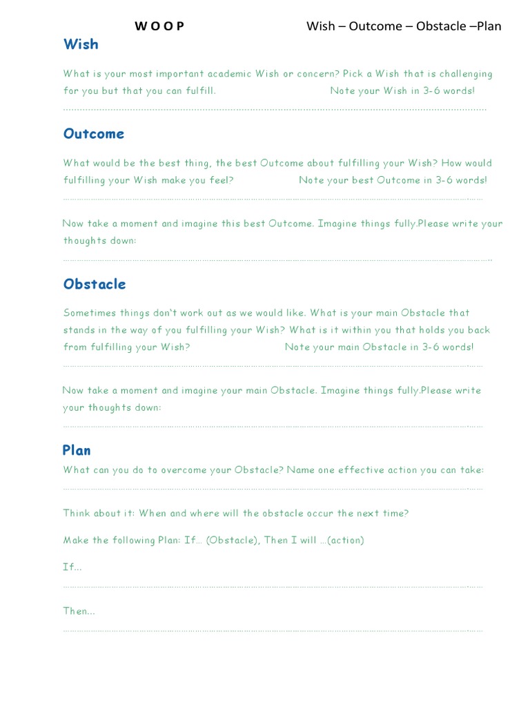 WOOP Sheet - Wish Outcome Obstacle Plan | PDF