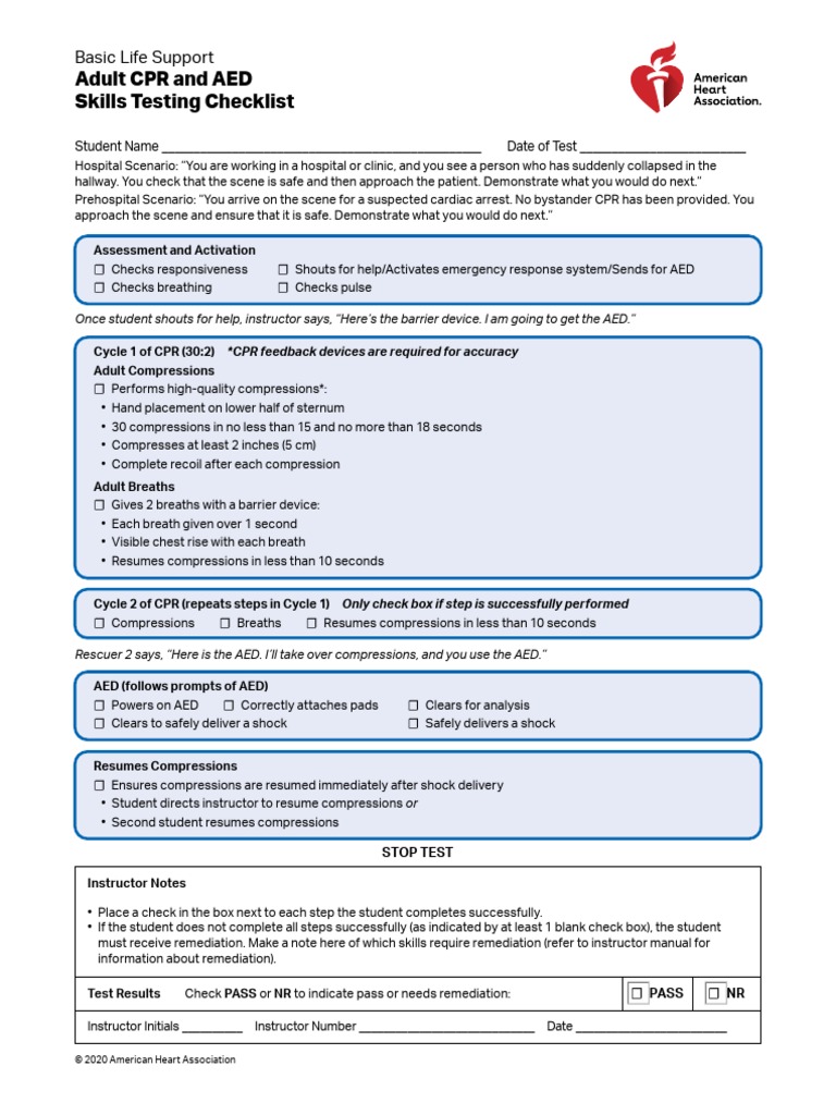 3BLS Adult Skill Testing Checklist 2020 | PDF | Cardiopulmonary ...