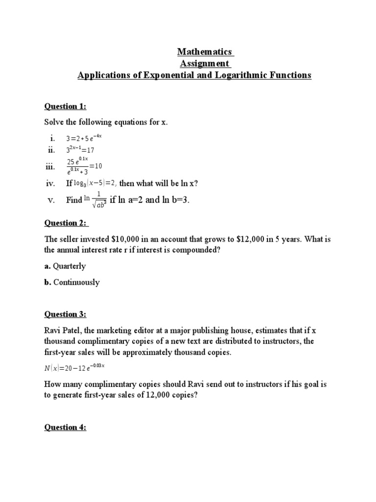 Mathematics Assignment Applications of Exponential and Logarithmic Functions | PDF