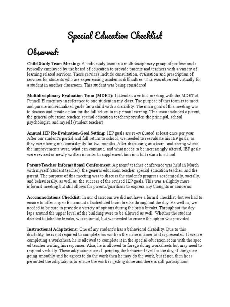 Final Spec Checklist | PDF | Individualized Education Program | Special ...