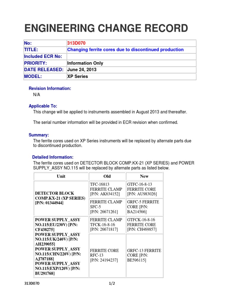 Engineering Change Record: No: Title: Included ECR No: Priority: Date ...