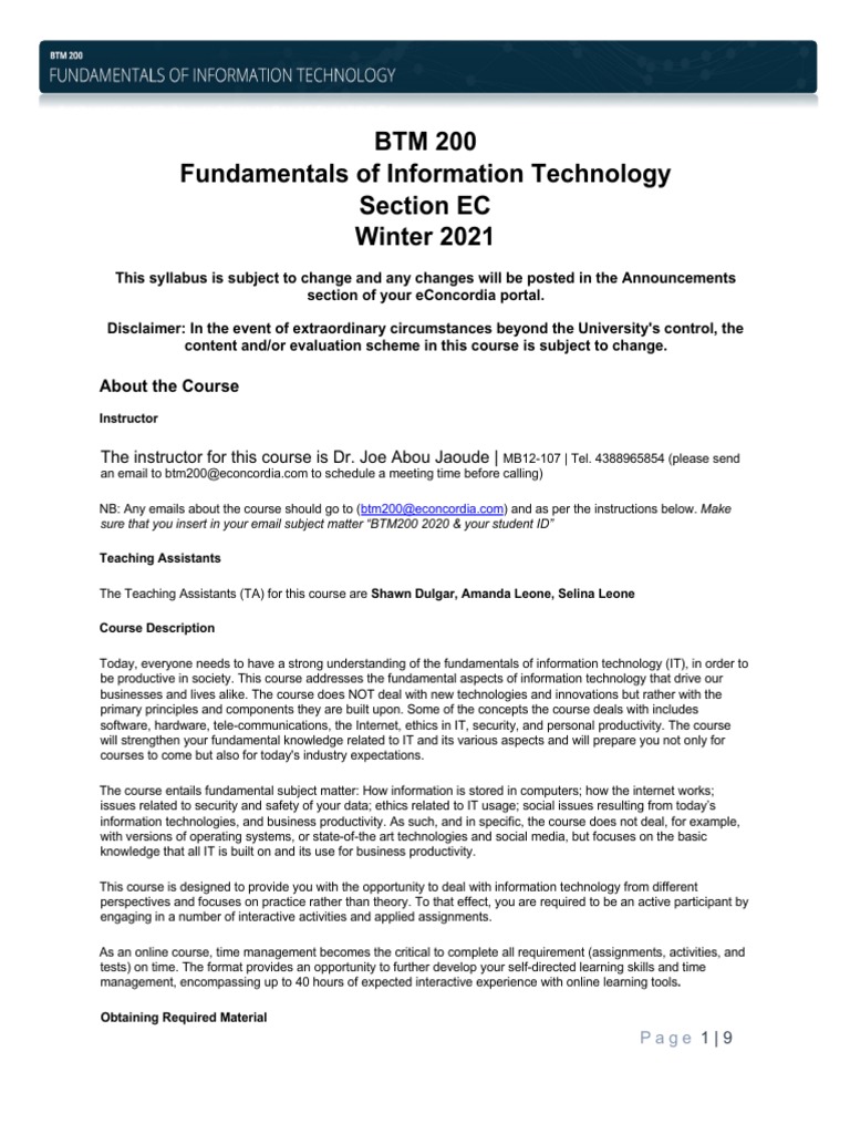 BTM 200 Course Syllabus Overview | PDF | Test (Assessment ...