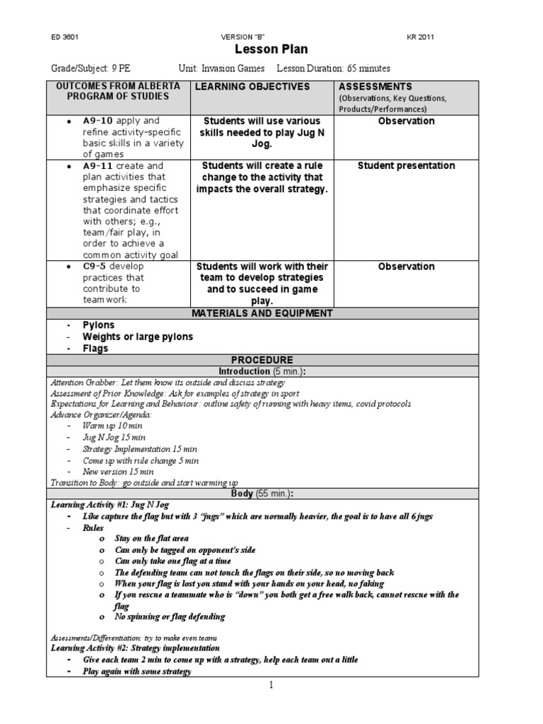 Lesson Plan: Grade/Subject: 9 PE Unit: Invasion Games Lesson Duration ...