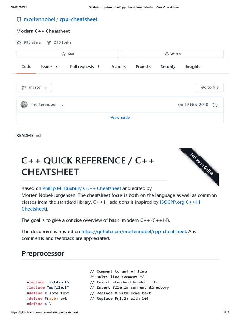 GitHub - Mortennobel - Cpp-Cheatsheet - Modern C++ Cheatsheet | PDF ...